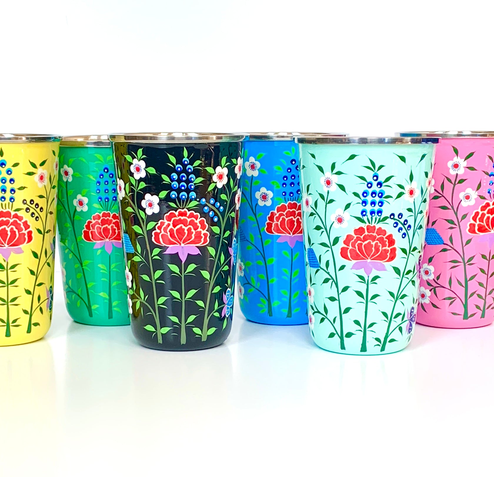 Enamelware Tumblers Hand-Painted Spring Flower Design at Center Goods