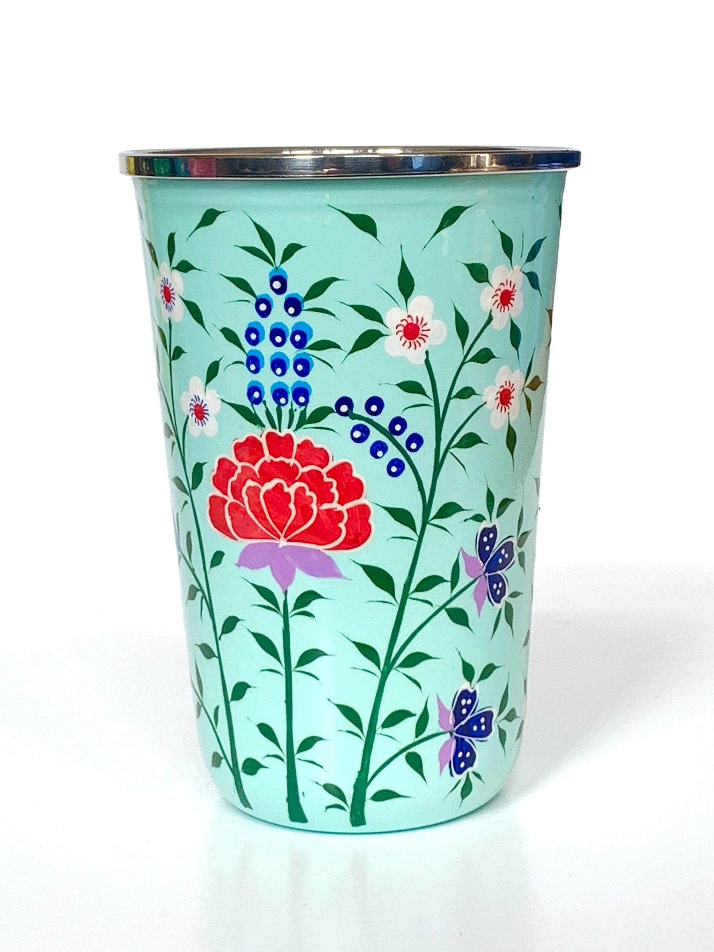 Enamelware Tumblers Hand-Painted Spring Flower Design at Center Goods