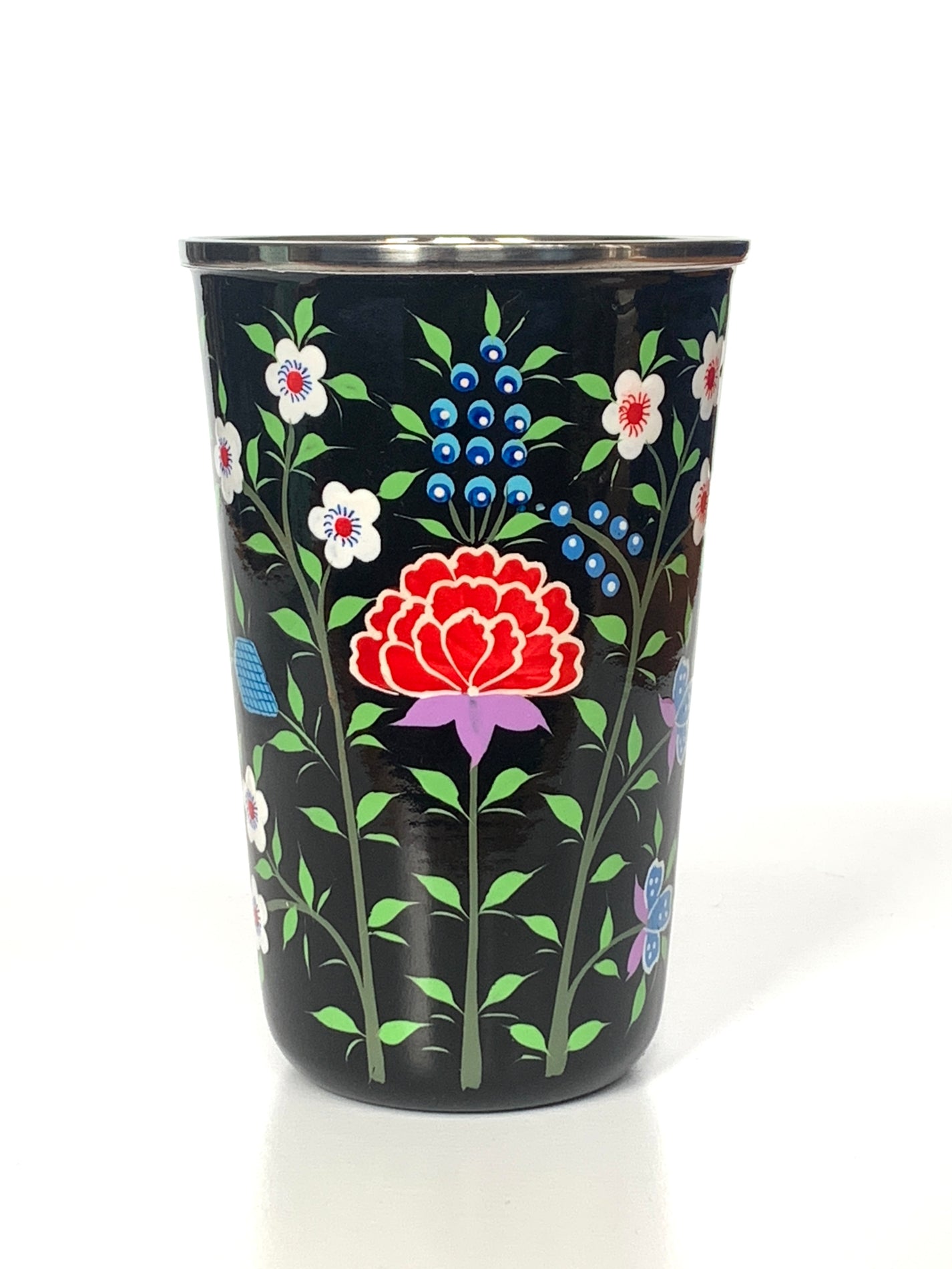 Enamelware Tumblers Hand-Painted Spring Flower Design at Center Goods