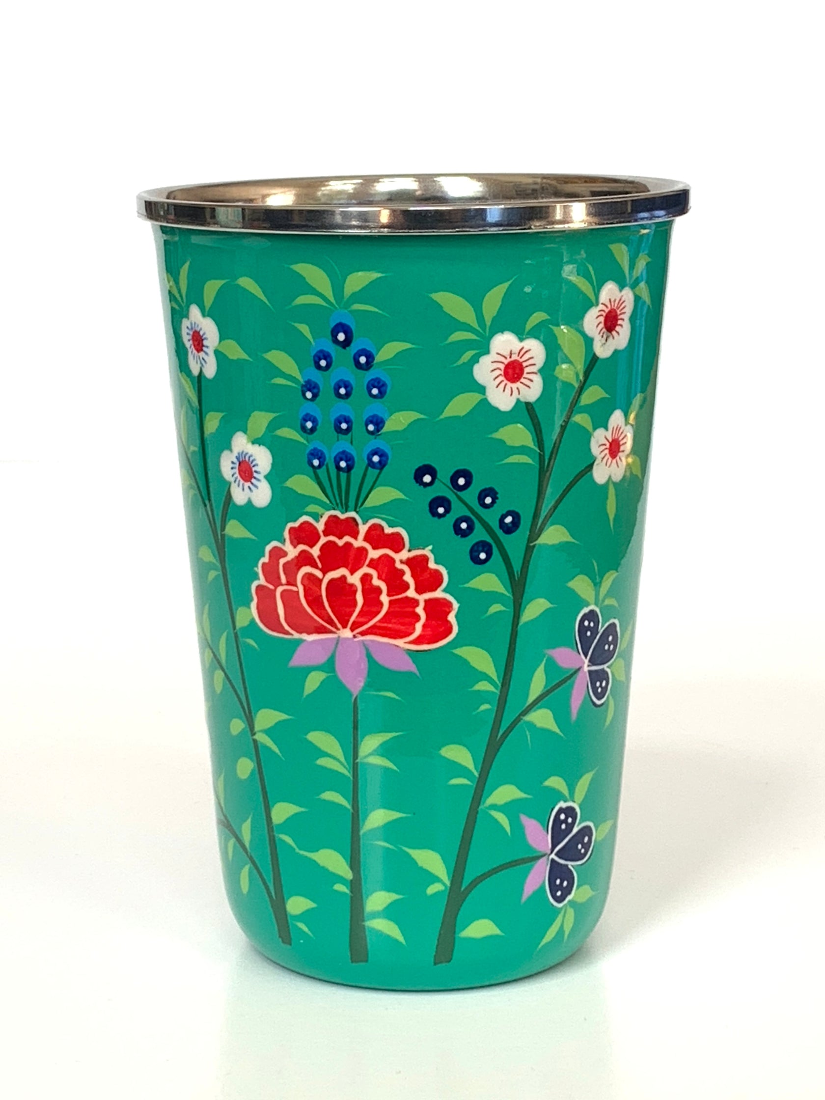 Enamelware Tumblers Hand-Painted Spring Flower Design at Center Goods