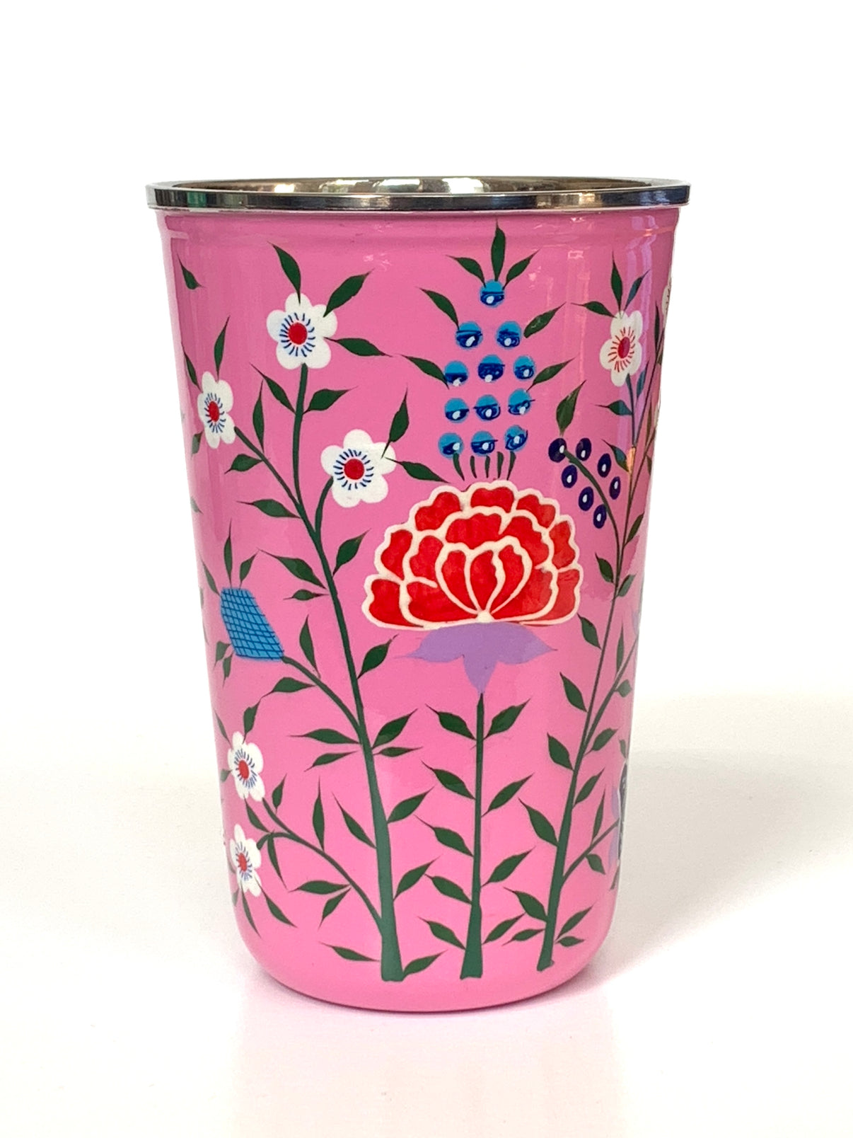 Enamelware Tumblers Hand-Painted Spring Flower Design at Center Goods